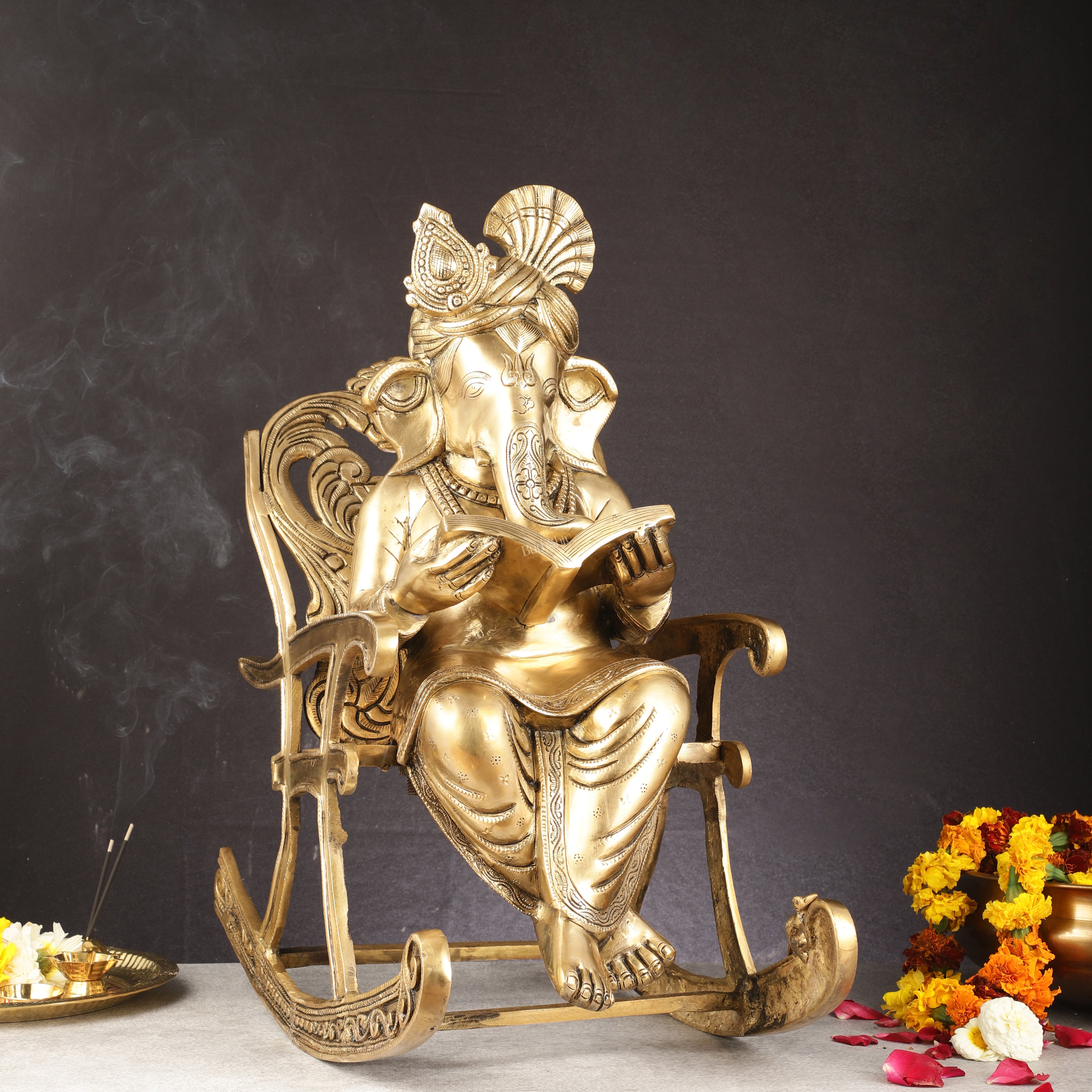 Brass Ganapati Seated on Chair Reading Book - 24 – Budhshiv.com