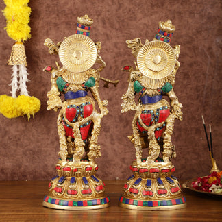 Buy Intricately Crafted Brass Radha Krishna Idols with Stonework - 15 ...