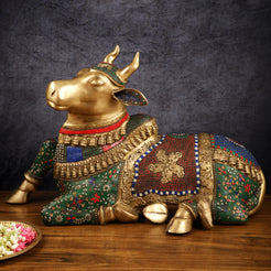 Handcrafted Brass Nandi Bull Statue with Stonework | 21x35x15 Inch ...