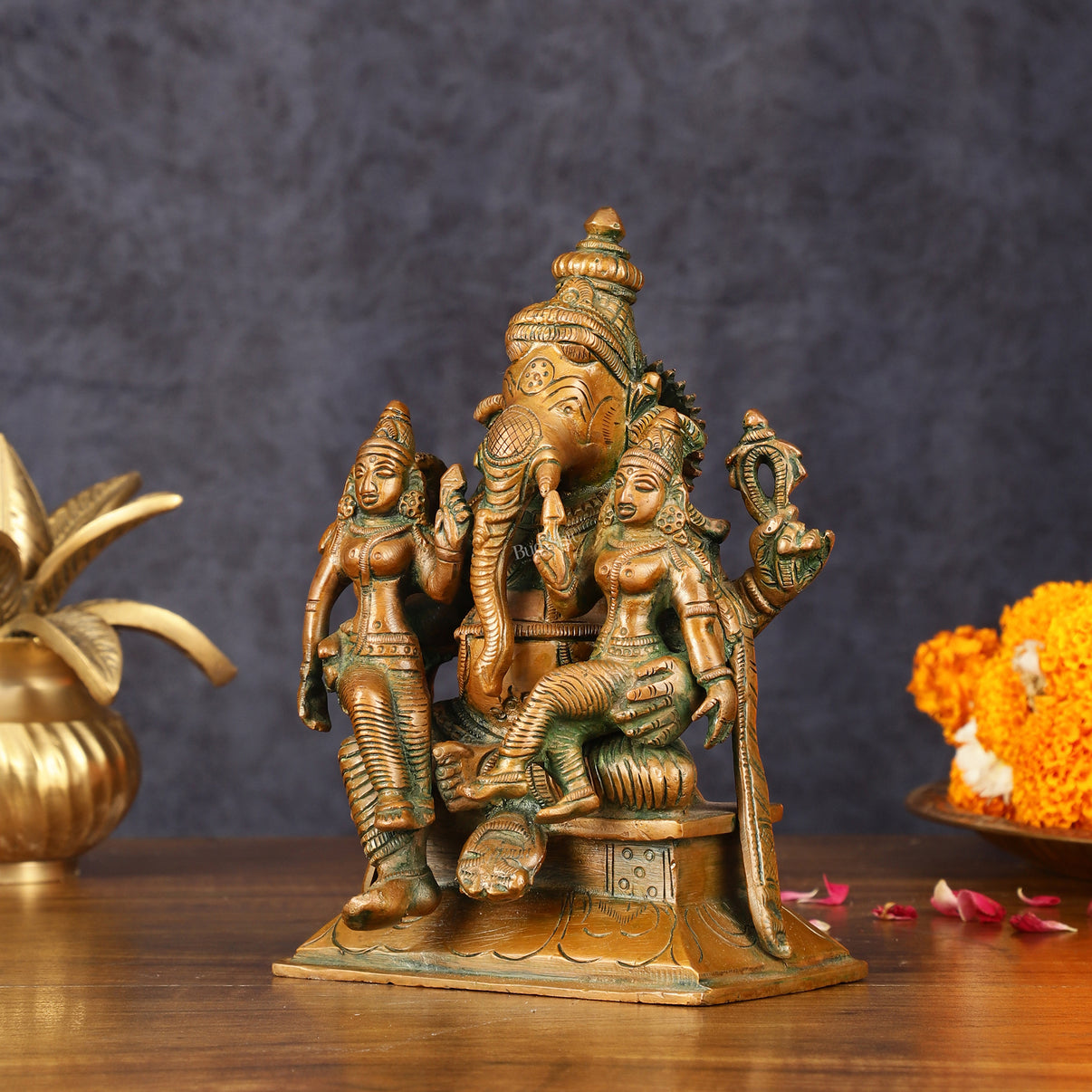 Buy Bronze Finish Pure Brass Lord Ganesha Statue with Riddhi and Siddhi ...
