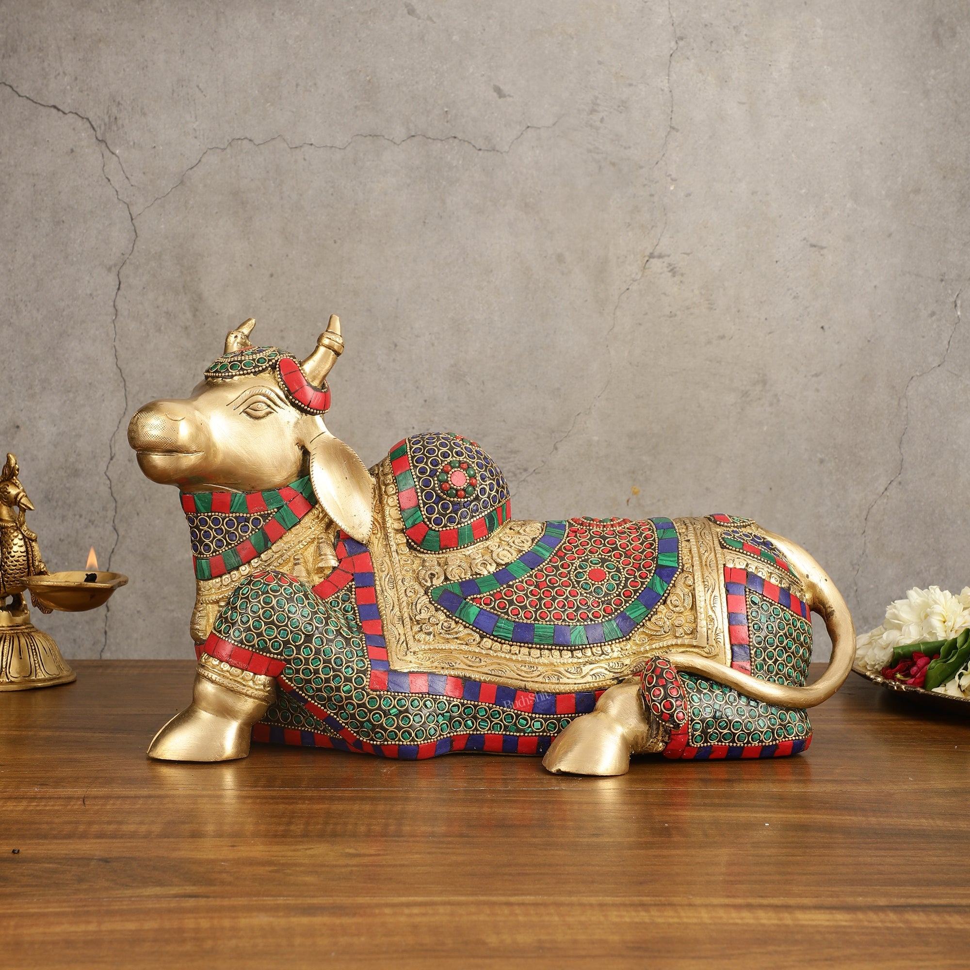 Buy Brass beautiful Nandi Statue with Stonework - 15 inch - Budhshiv.com