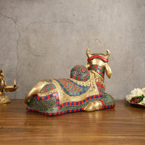 Buy Brass beautiful Nandi Statue with Stonework - 15 inch - Budhshiv.com
