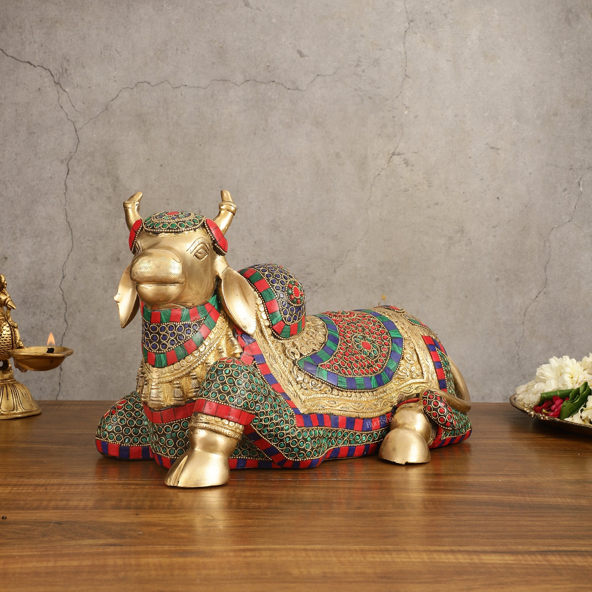 Buy Brass beautiful Nandi Statue with Stonework - 15 inch - Budhshiv.com