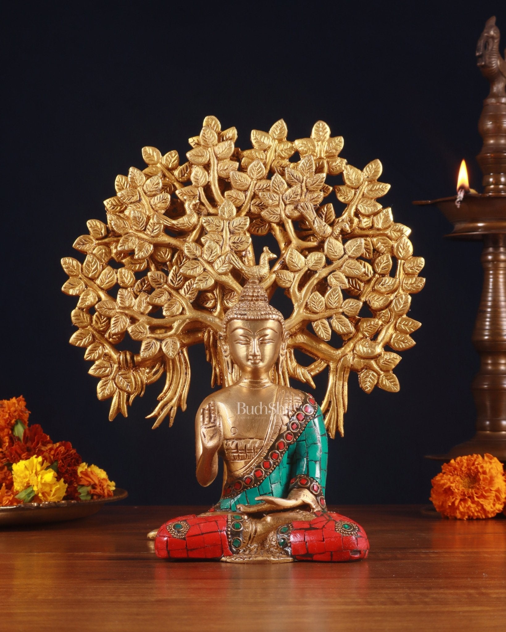 Brass Buddha & Kalpavriksha Tree – Divine Serenity Combo 11" – Budhshiv.com