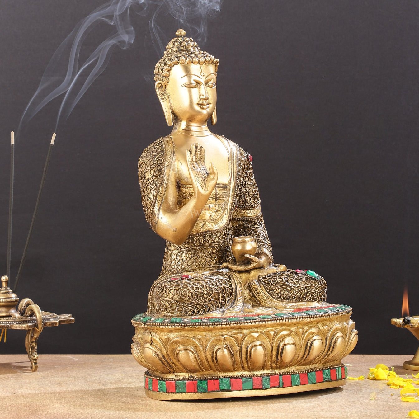 Buy Brass Buddha Statue with Stonework | 12 inch - Budhshiv.com