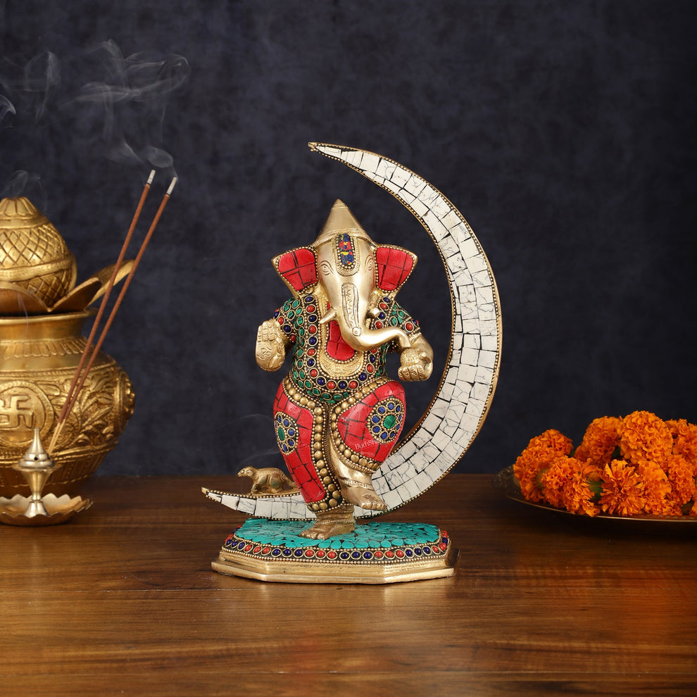 Buy Brass Dancing Ganesha Showpiece with Meenakari Stonework - 10 ...