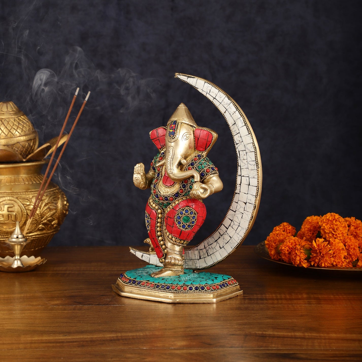 Buy Brass Dancing Ganesha Showpiece with Meenakari Stonework - 10 ...