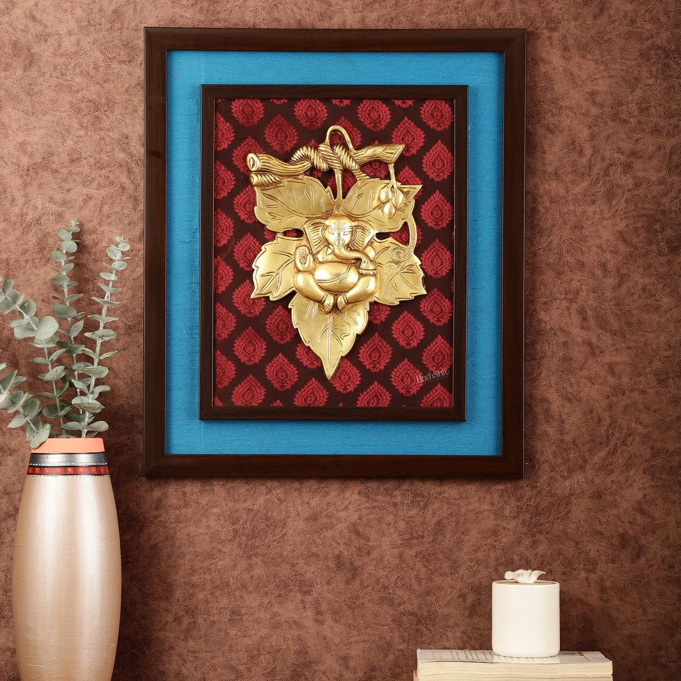 Brass Ganesha Mural on Wooden Frame with Premium Fabric - 18.5" x 16 ...