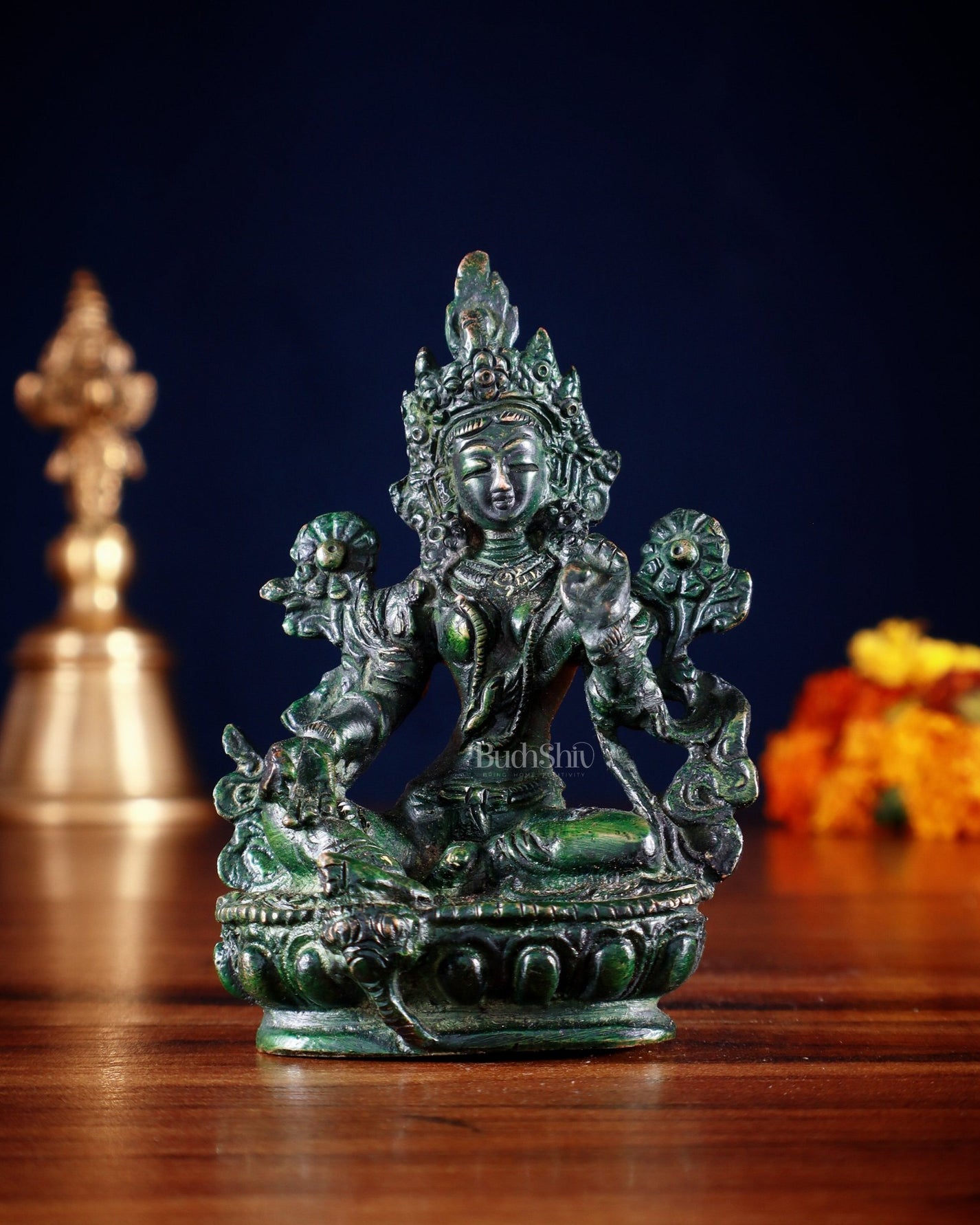 Buy Brass Green tara devi statue 3" agate green tone - Budhshiv.com