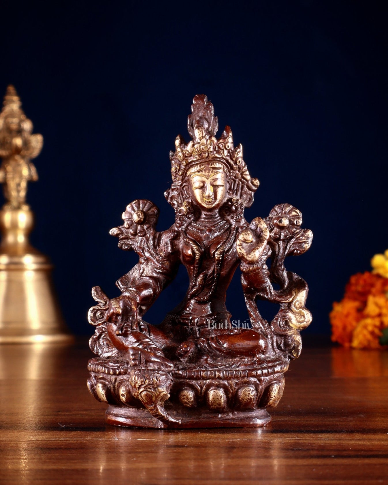Buy Brass Green tara devi statue 3" double chola tone - Budhshiv.com