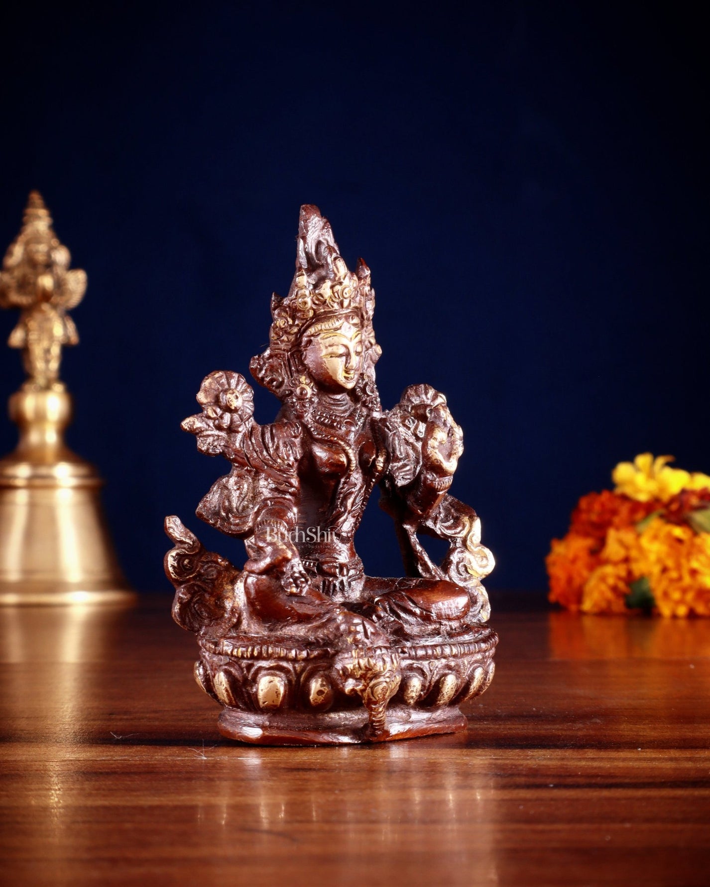 Buy Brass Green tara devi statue 3" double chola tone - Budhshiv.com