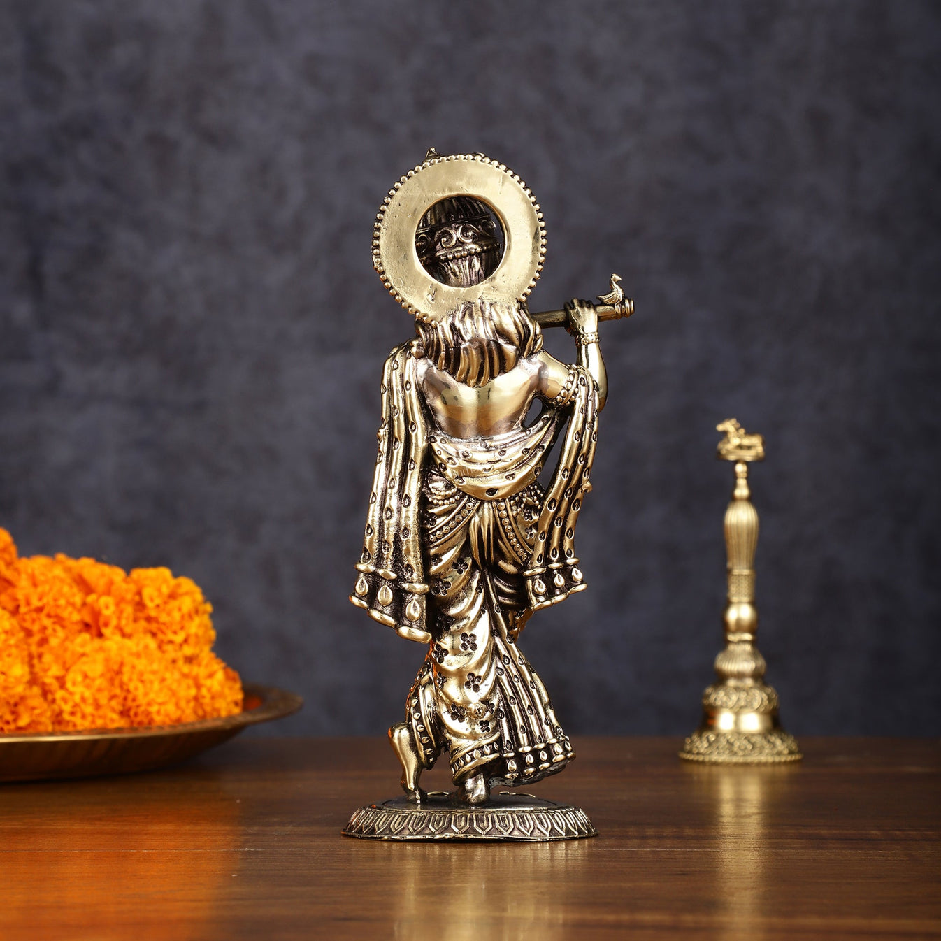 Intricately Carved Brass Krishna Idol - 7" Tall – Budhshiv.com