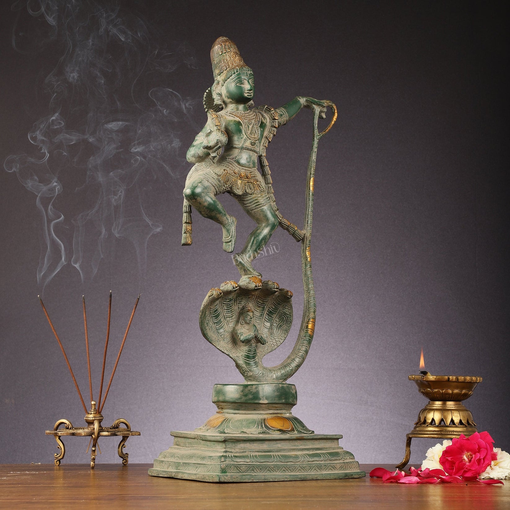 Lord Krishna Dancing on Kaliya Naag Statue - Antique Brass Finish ...