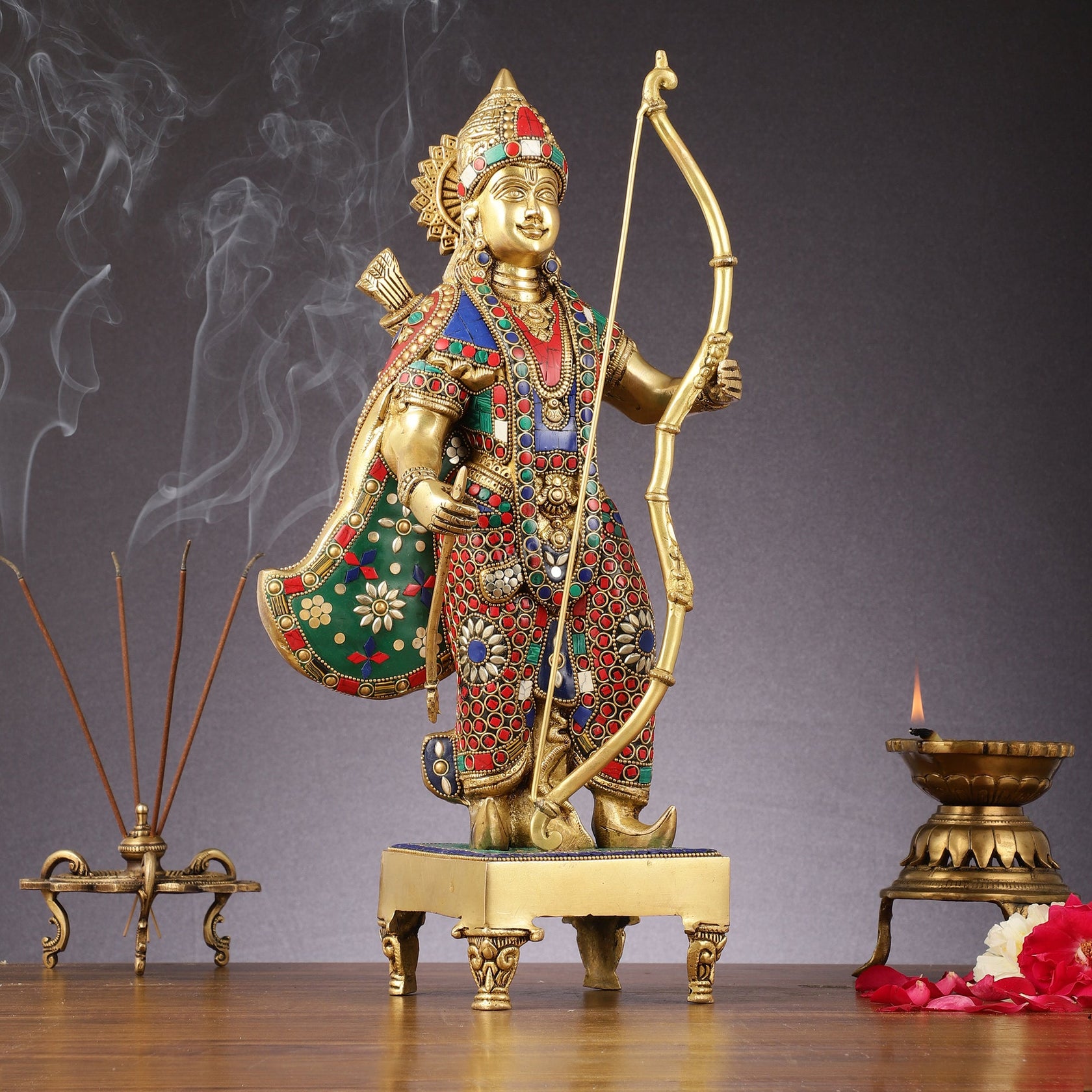Buy Brass Lord Rama Idol multicolour stonework | 18" - Budhshiv.com
