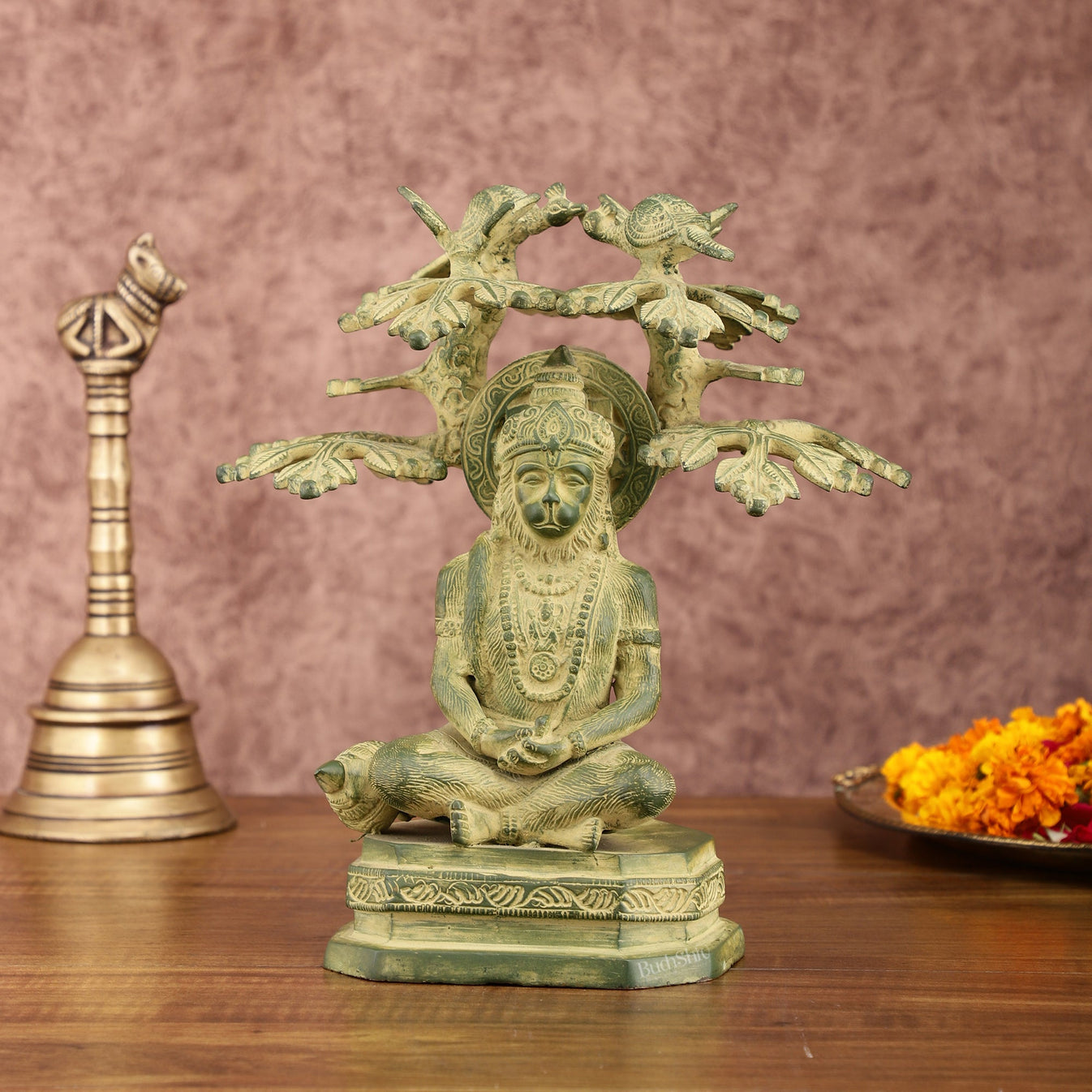 Buy Brass Meditative Hanuman Statue Under Tree | Antique Green Patina ...