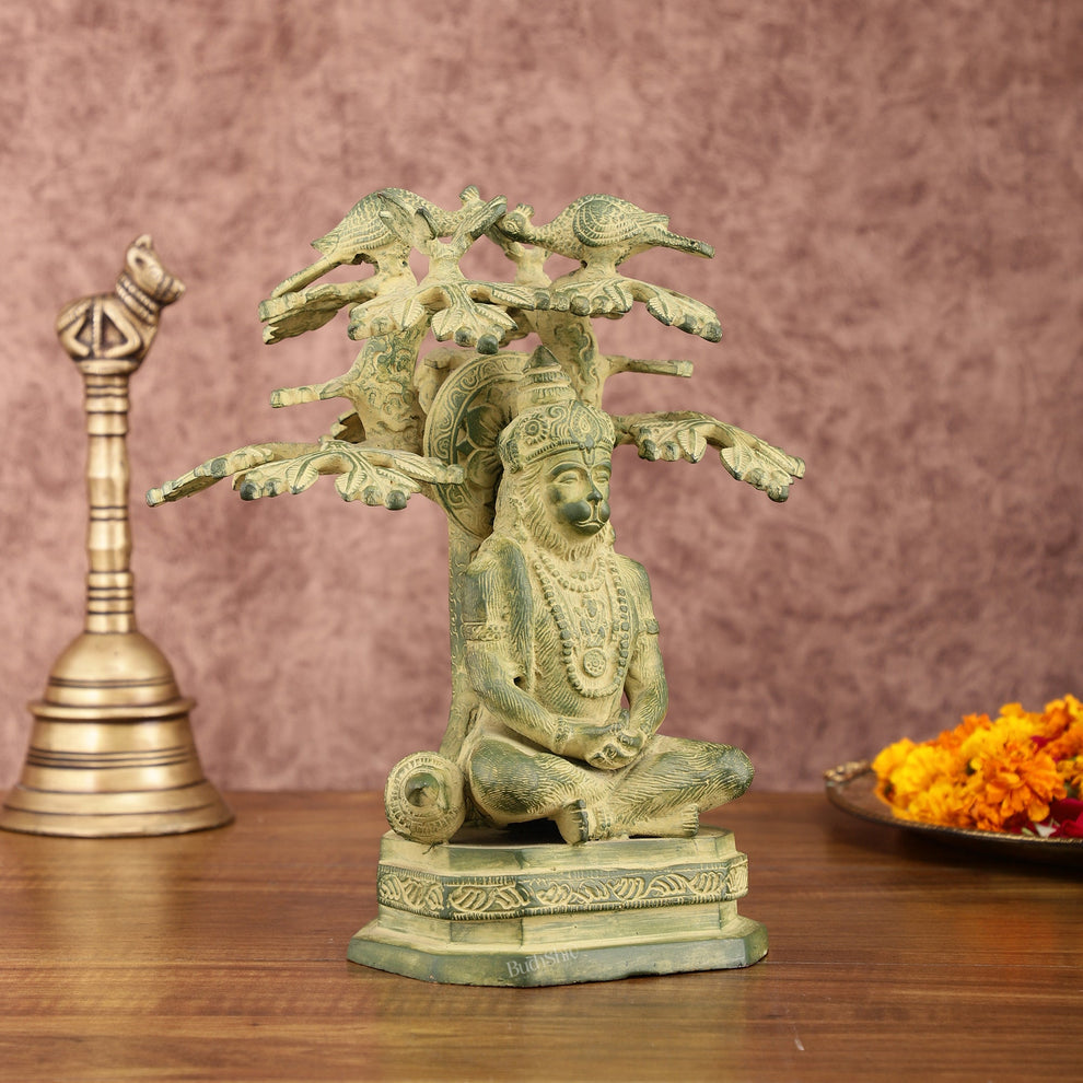 Buy Brass Meditative Hanuman Statue Under Tree | Antique Green Patina ...