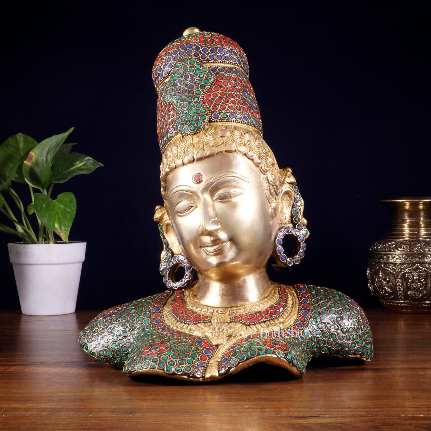 Budhshiv.com Brass Parvati face Bust table accent 12" stonework
