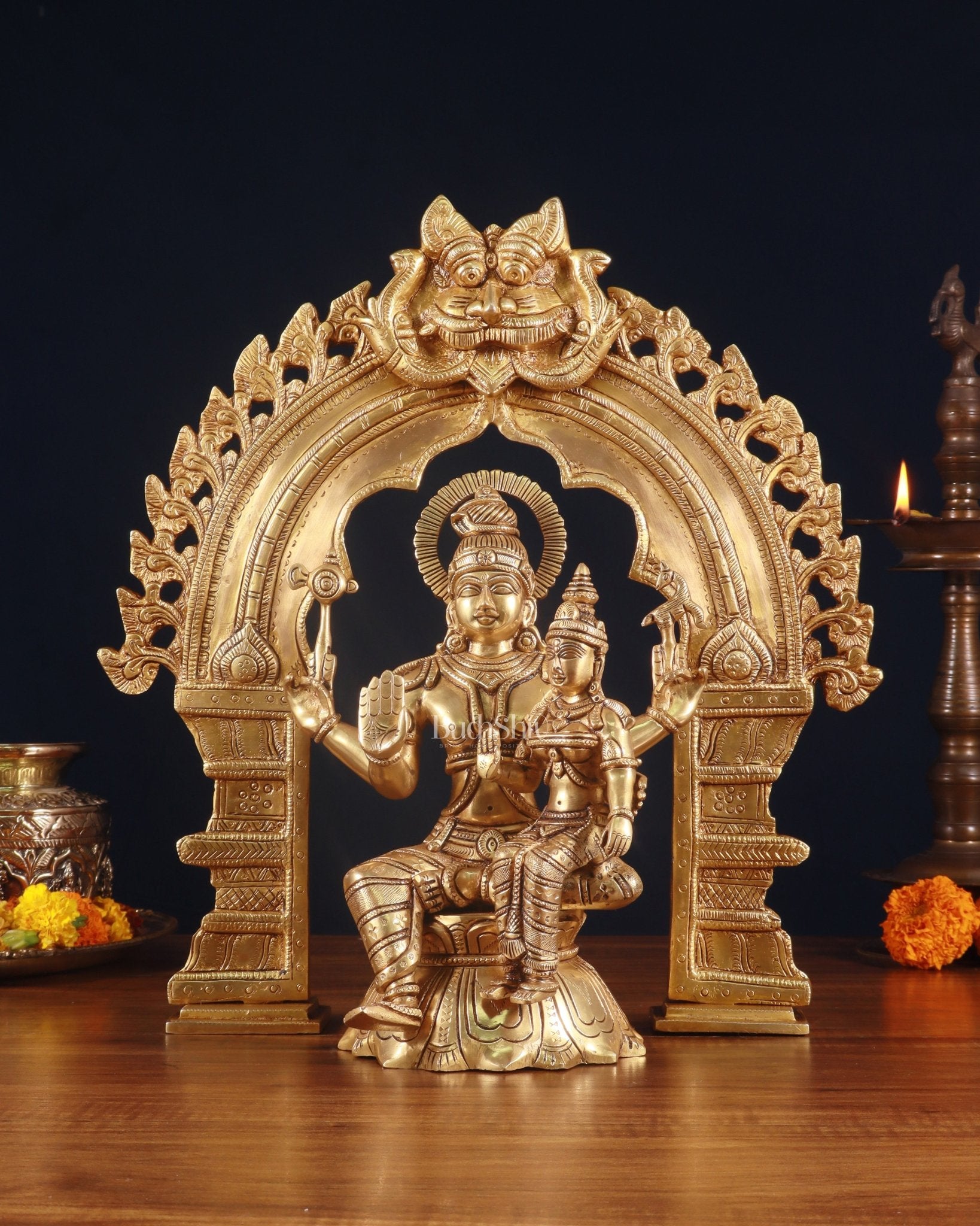 Brass Shiva & Parvati Seated Statue with Prabhavali Arch 17" – Budhshiv.com