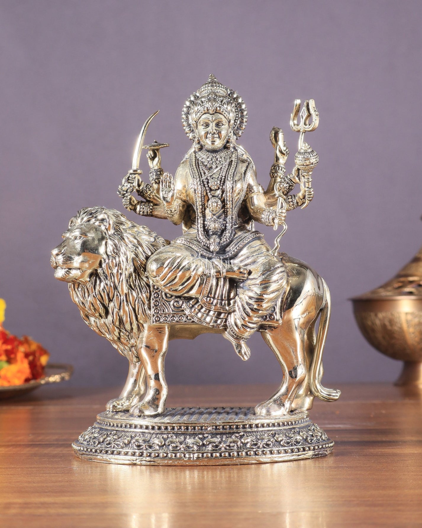 6.5" Brass Goddess Durga on Lion Idol with Base – Budhshiv.com