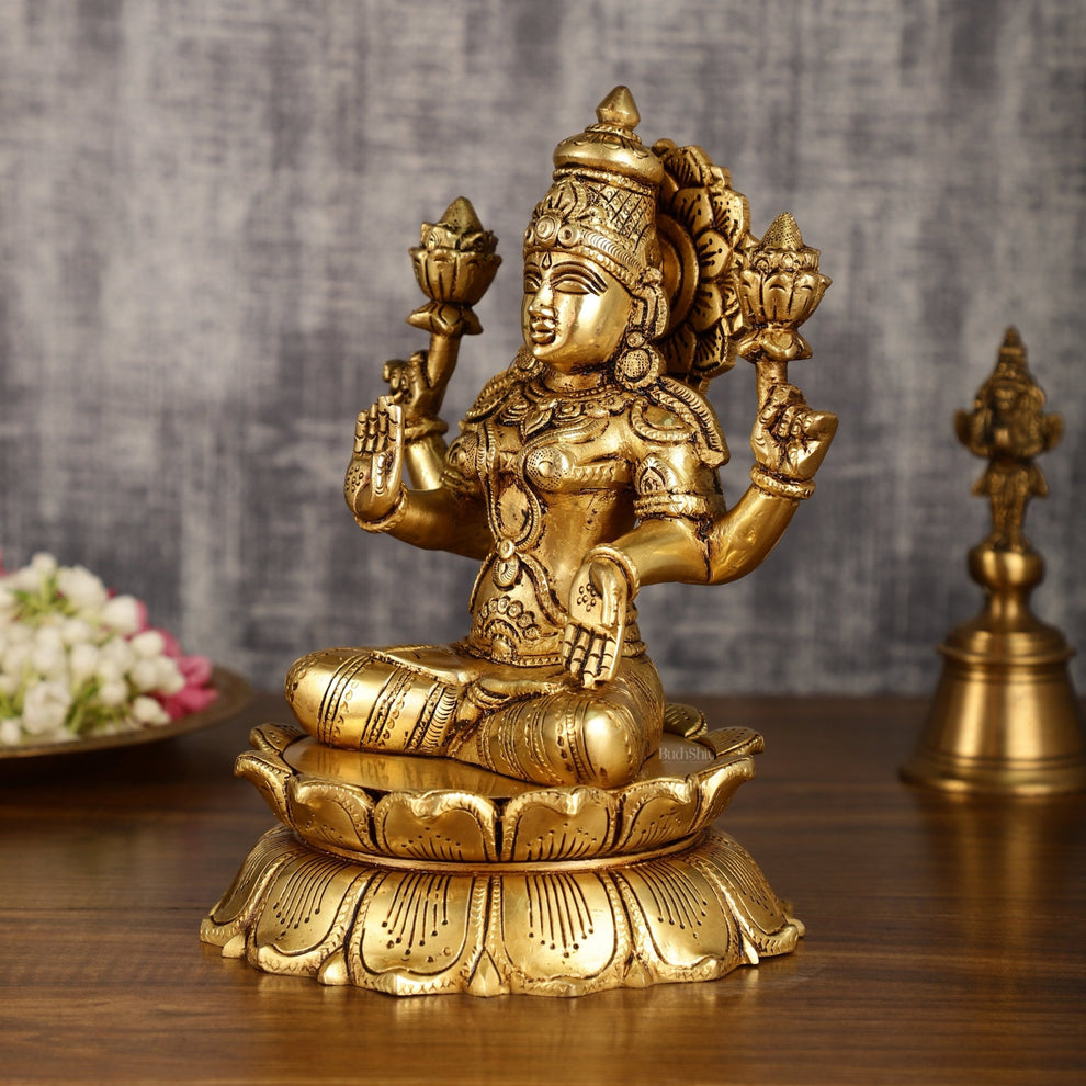 Buy Brass Superfine Lakshmi Statue on Lotus | 9 Inch - Budhshiv.com