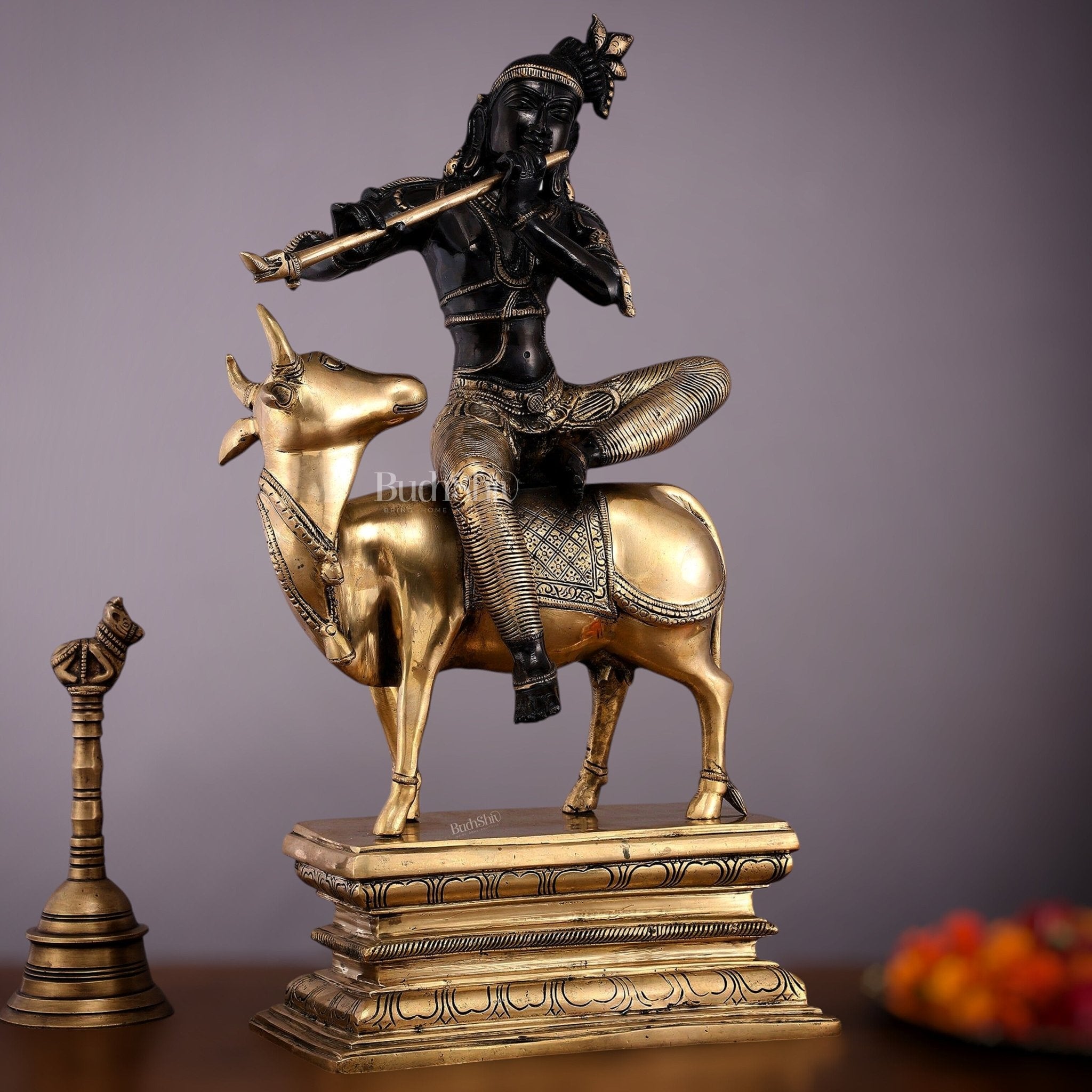 Brass Venugopal Krishna Seated on a Cow Statue - 21" – Budhshiv.com