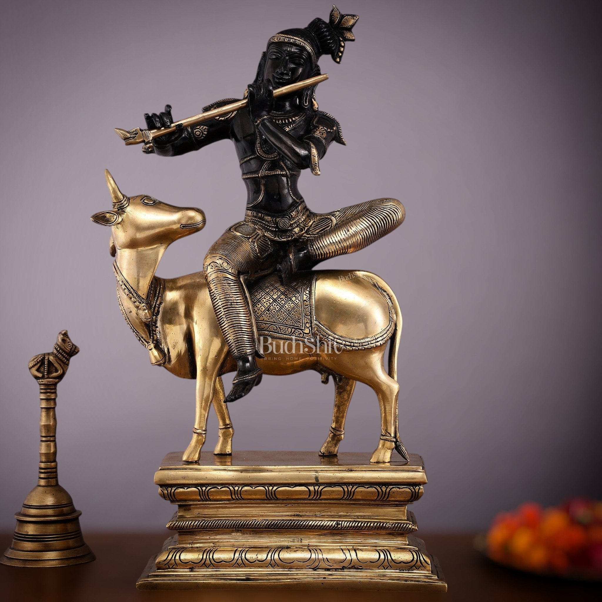Brass Venugopal Krishna Seated on a Cow Statue - 21" – Budhshiv.com