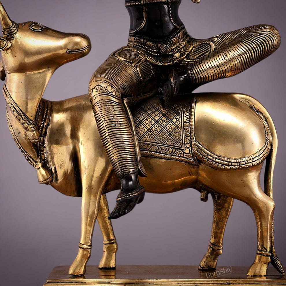 Brass Venugopal Krishna Seated on a Cow Statue - 21" – Budhshiv.com