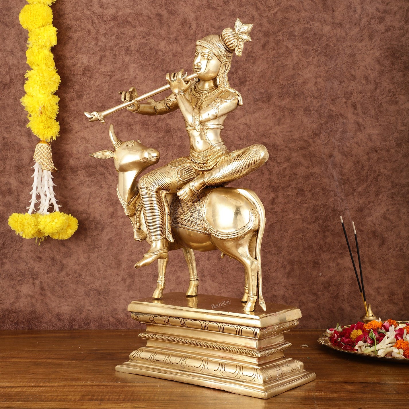 Brass Venugopal Krishna Seated on Cow Statue 21" – Budhshiv.com