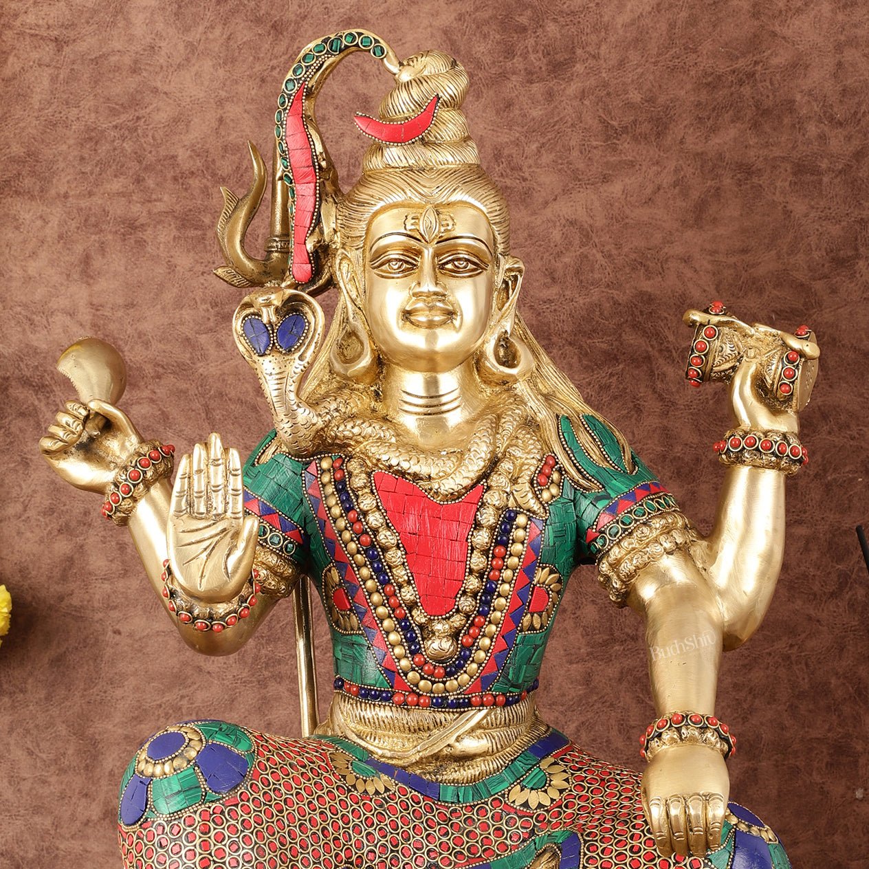 Buy Charbhuja Shiva Brass Statue with Stonework - 18" - Budhshiv.com