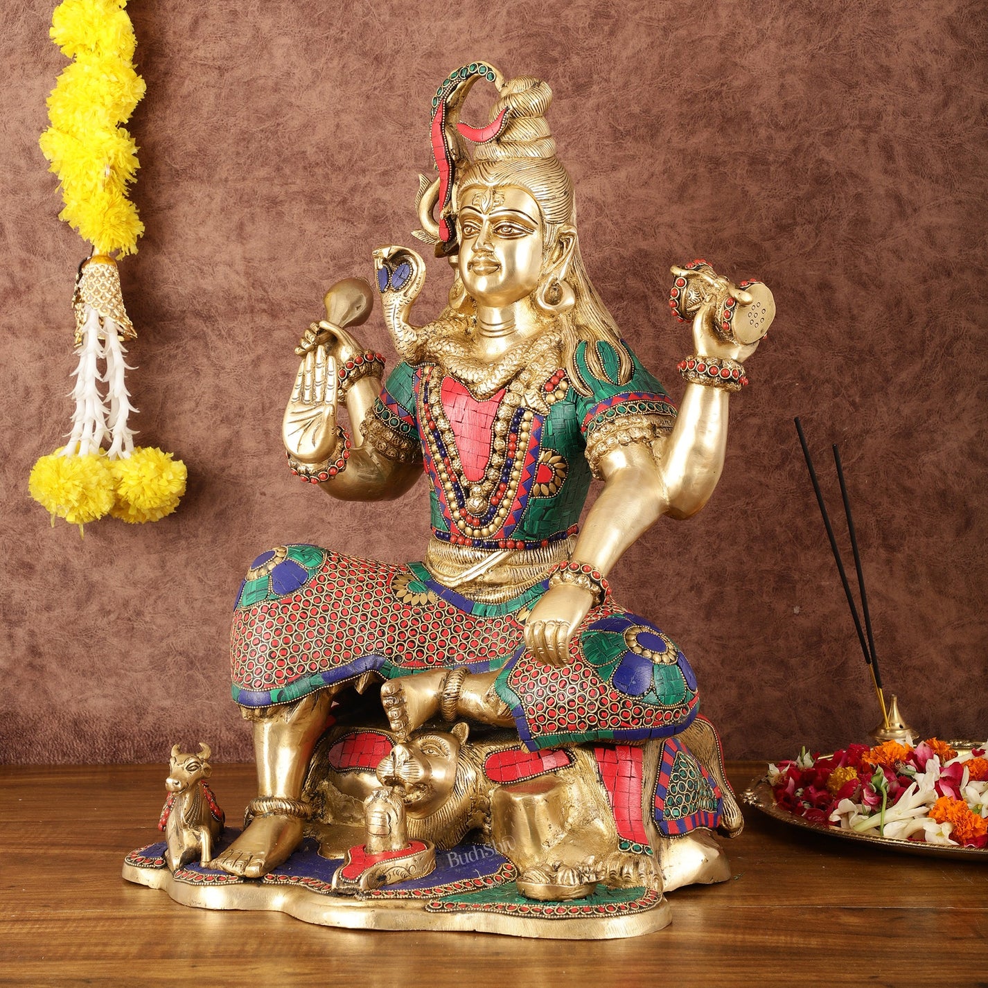 Buy Charbhuja Shiva Brass Statue with Stonework - 18" - Budhshiv.com