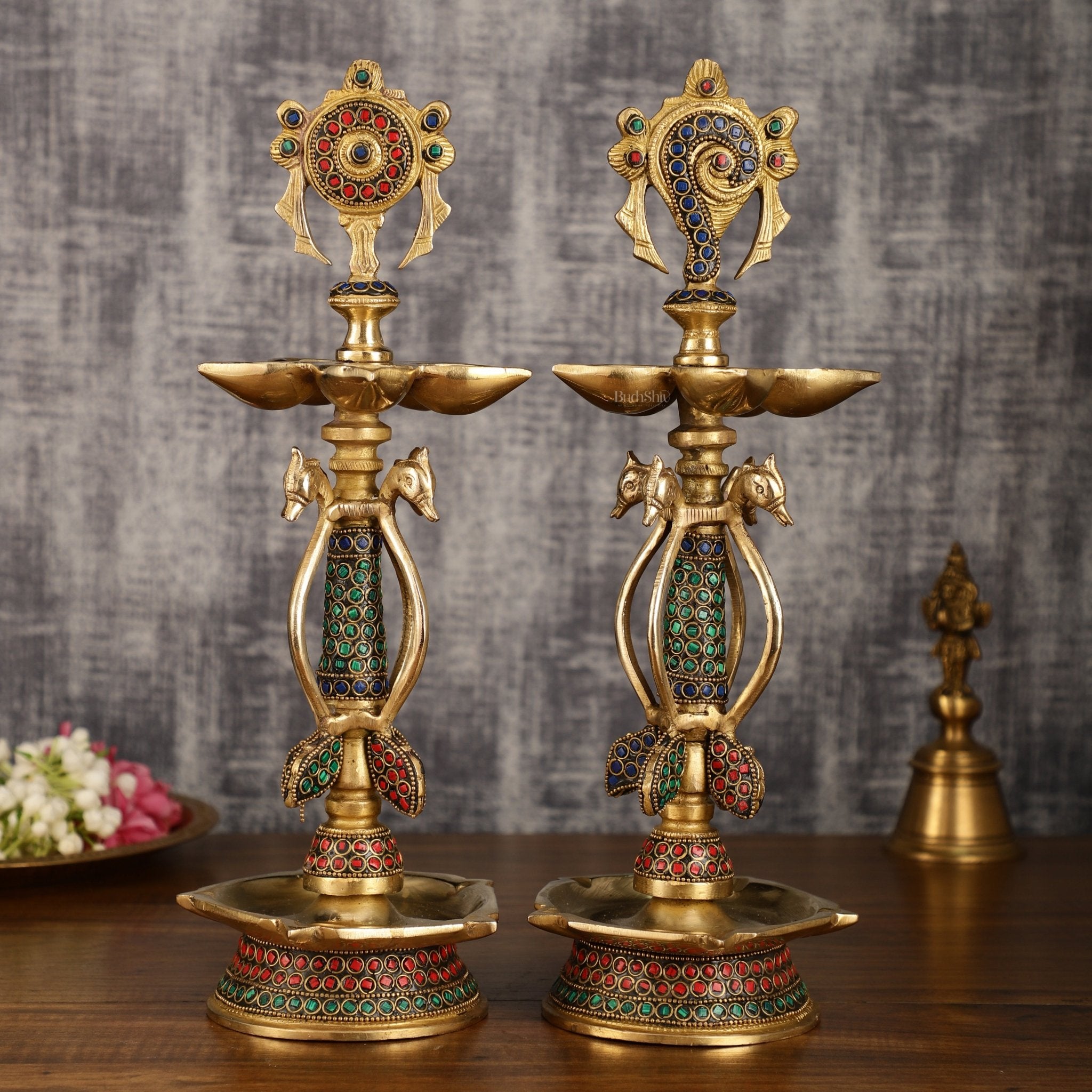 Buy Colourful Brass Shankh Chakra Lamps - | 15 inch - Budhshiv.com
