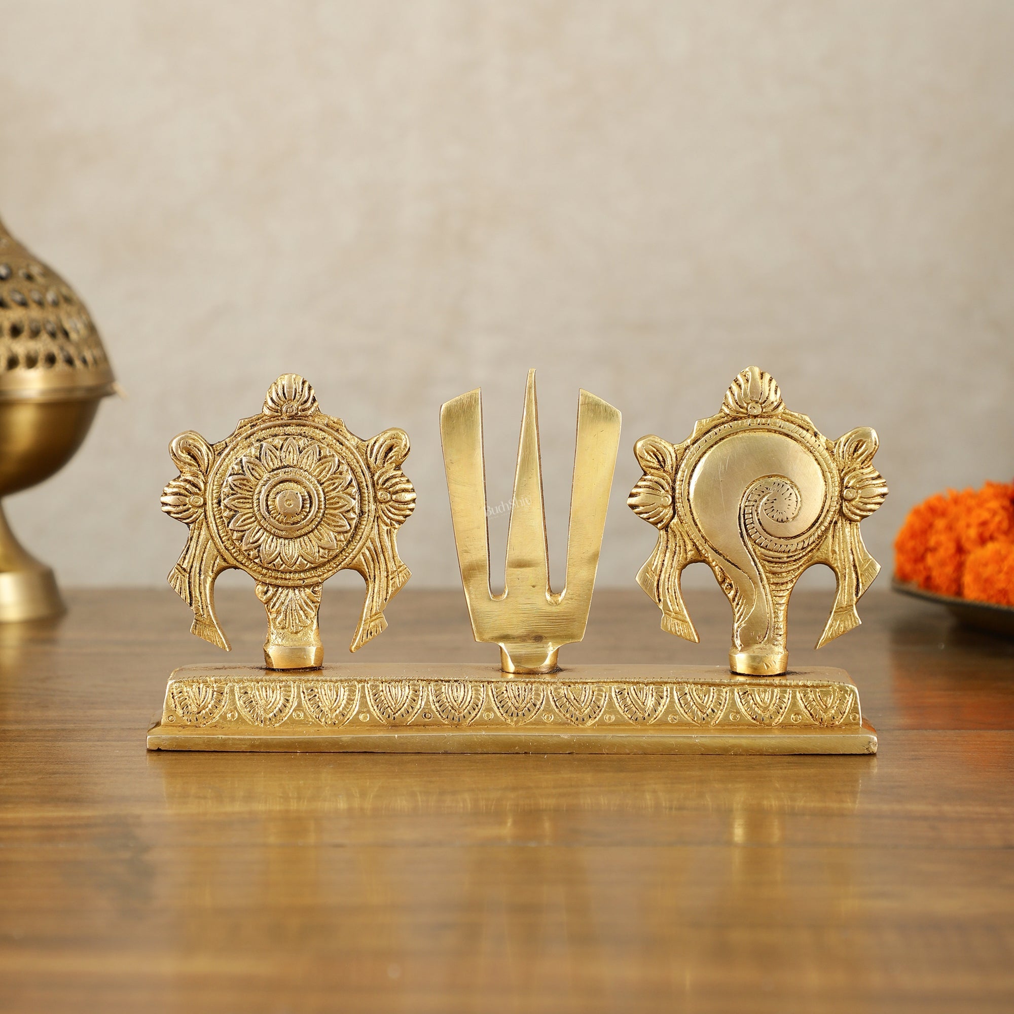 Buy Elegant Pure Brass Shankh Chakra Namah Symbol – 4 Inch Height ...