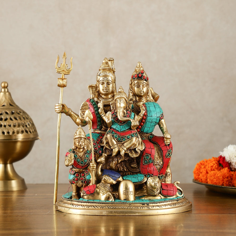 Handcrafted Brass Lord Shiva Parivaar Idol stonework 9.5 inches ...