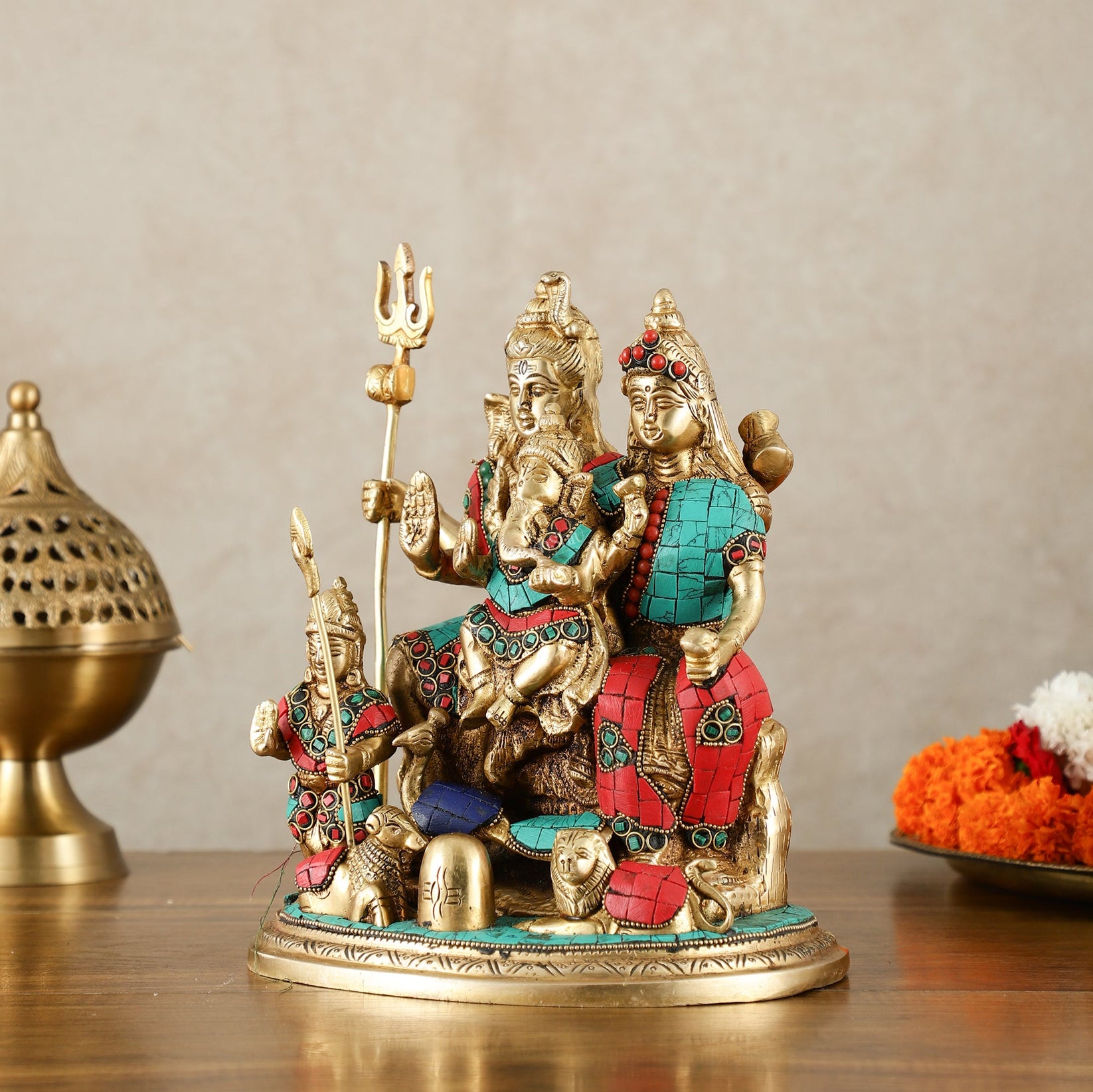 Handcrafted Brass Lord Shiva Parivaar Idol stonework 9.5 inches ...