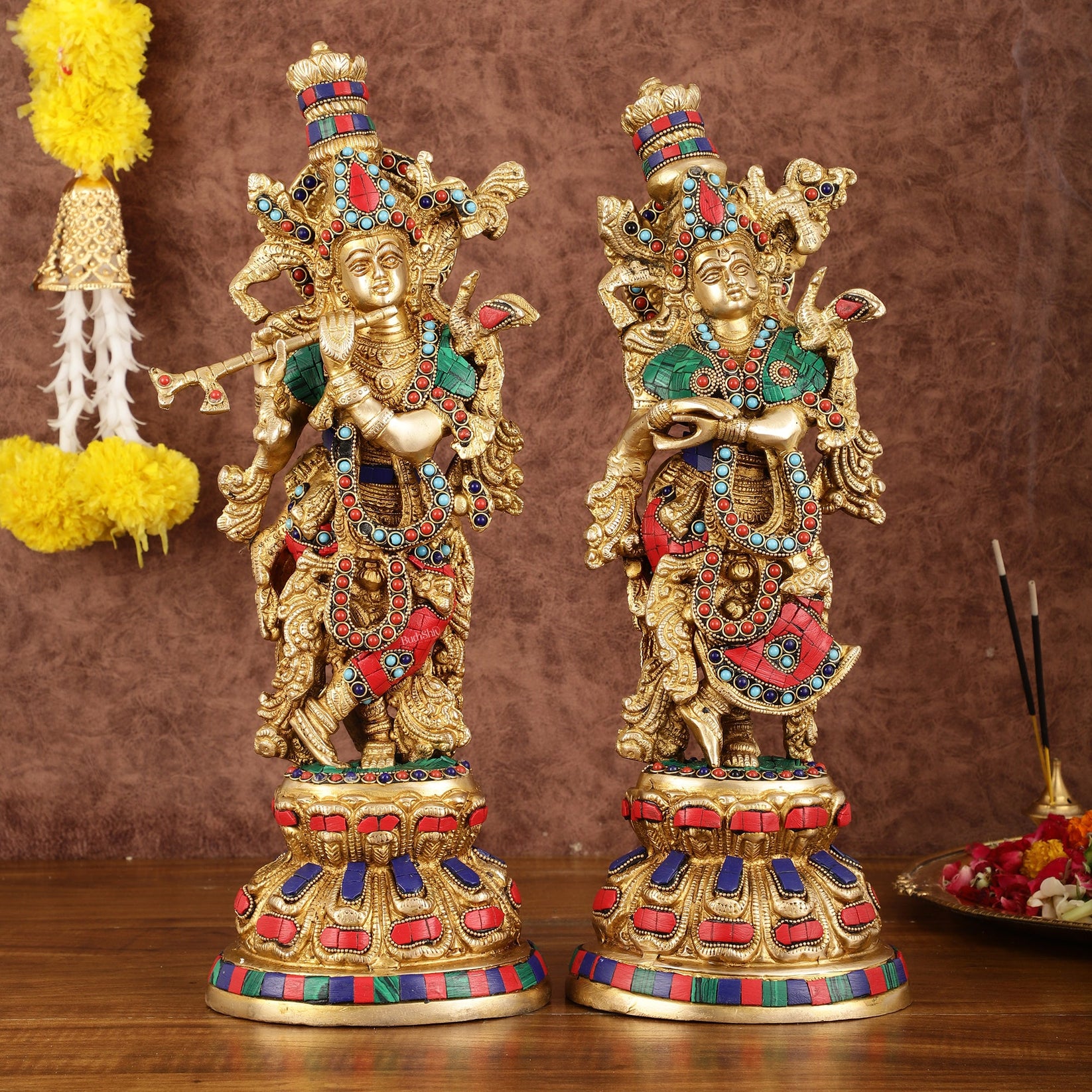 Buy Intricately Crafted Brass Radha Krishna Idols with Stonework - 15 ...