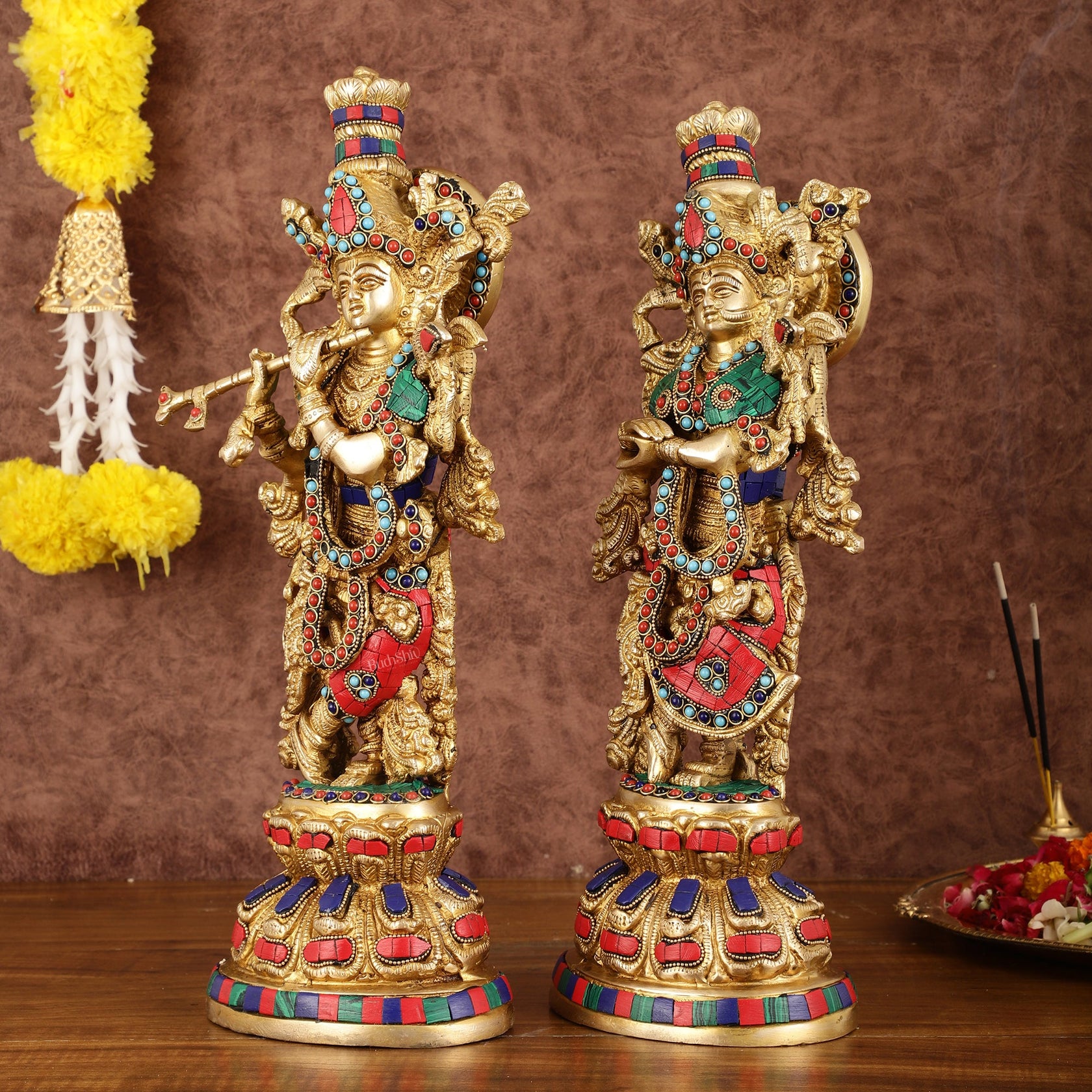 Buy Intricately Crafted Brass Radha Krishna Idols with Stonework - 15 ...
