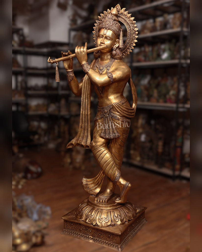 Buy Life-Size Handcrafted Brass Lord Krishna Statue 79 inch - Budhshiv.com