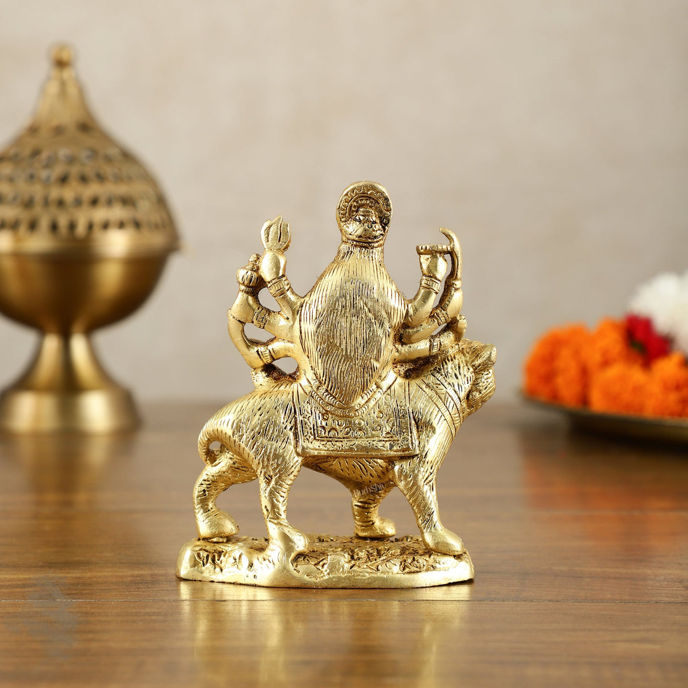 6" Brass Goddess Durga Sitting on Tiger Idol – Budhshiv.com