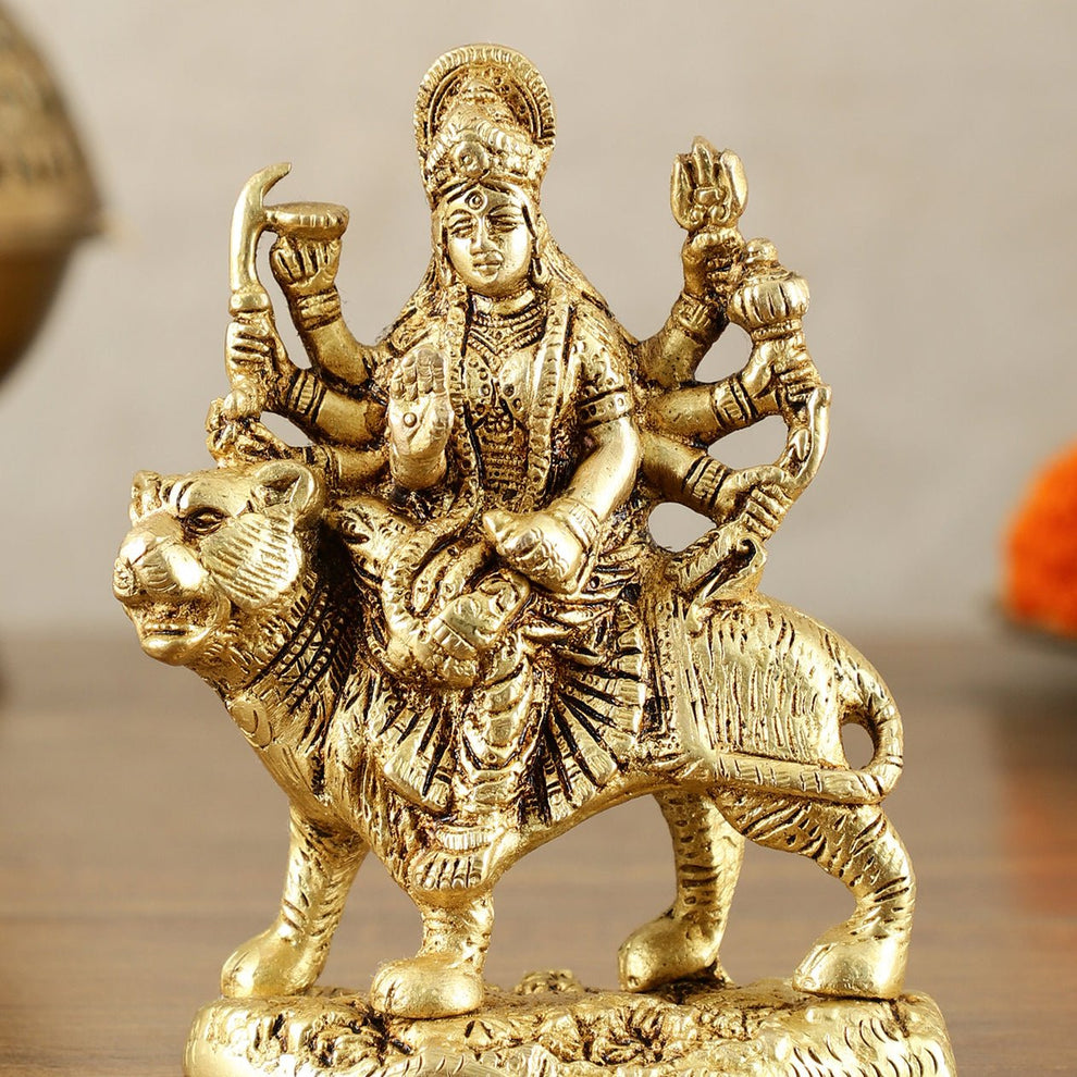 6" Brass Goddess Durga Sitting on Tiger Idol – Budhshiv.com