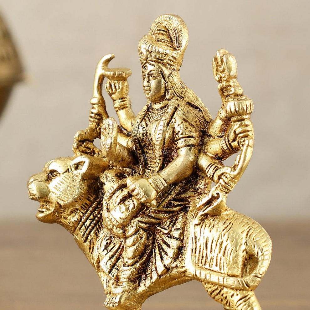6" Brass Goddess Durga Sitting on Tiger Idol – Budhshiv.com