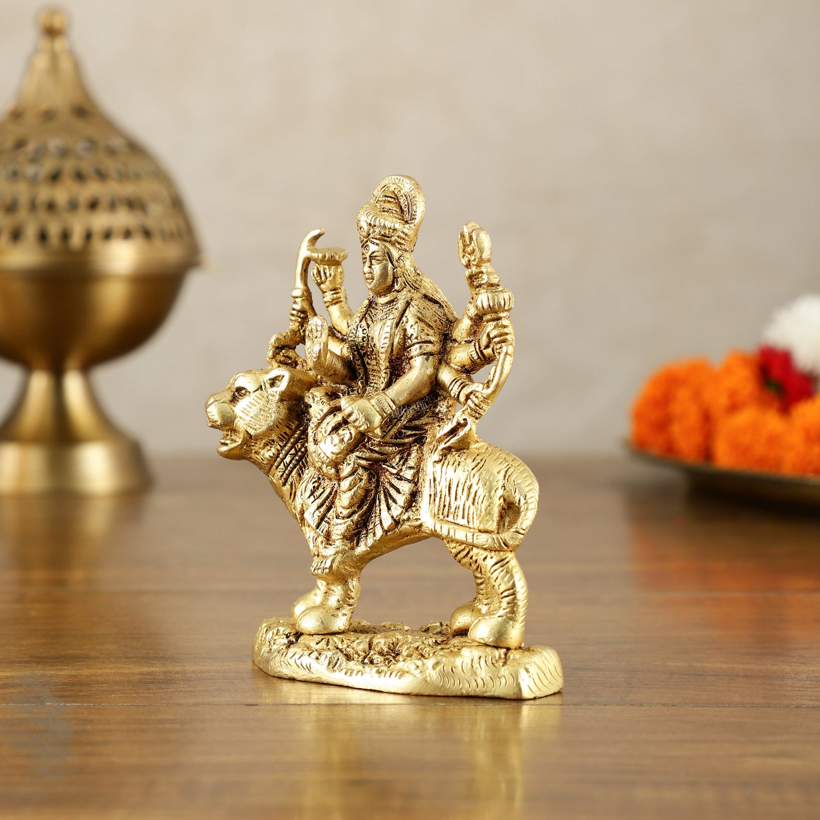 6" Brass Goddess Durga Sitting on Tiger Idol – Budhshiv.com