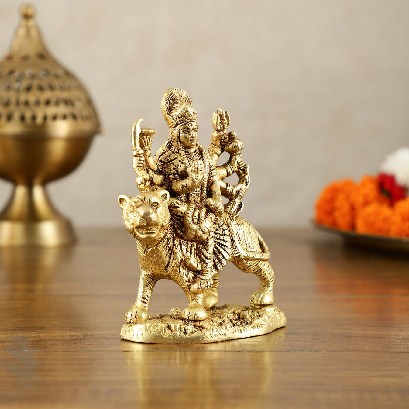6" Brass Goddess Durga Sitting on Tiger Idol – Budhshiv.com
