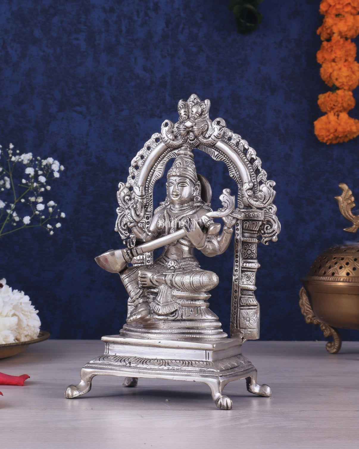 Buy Pure Brass Goddess Saraswati Seated on a Throne – Silver Plated ...