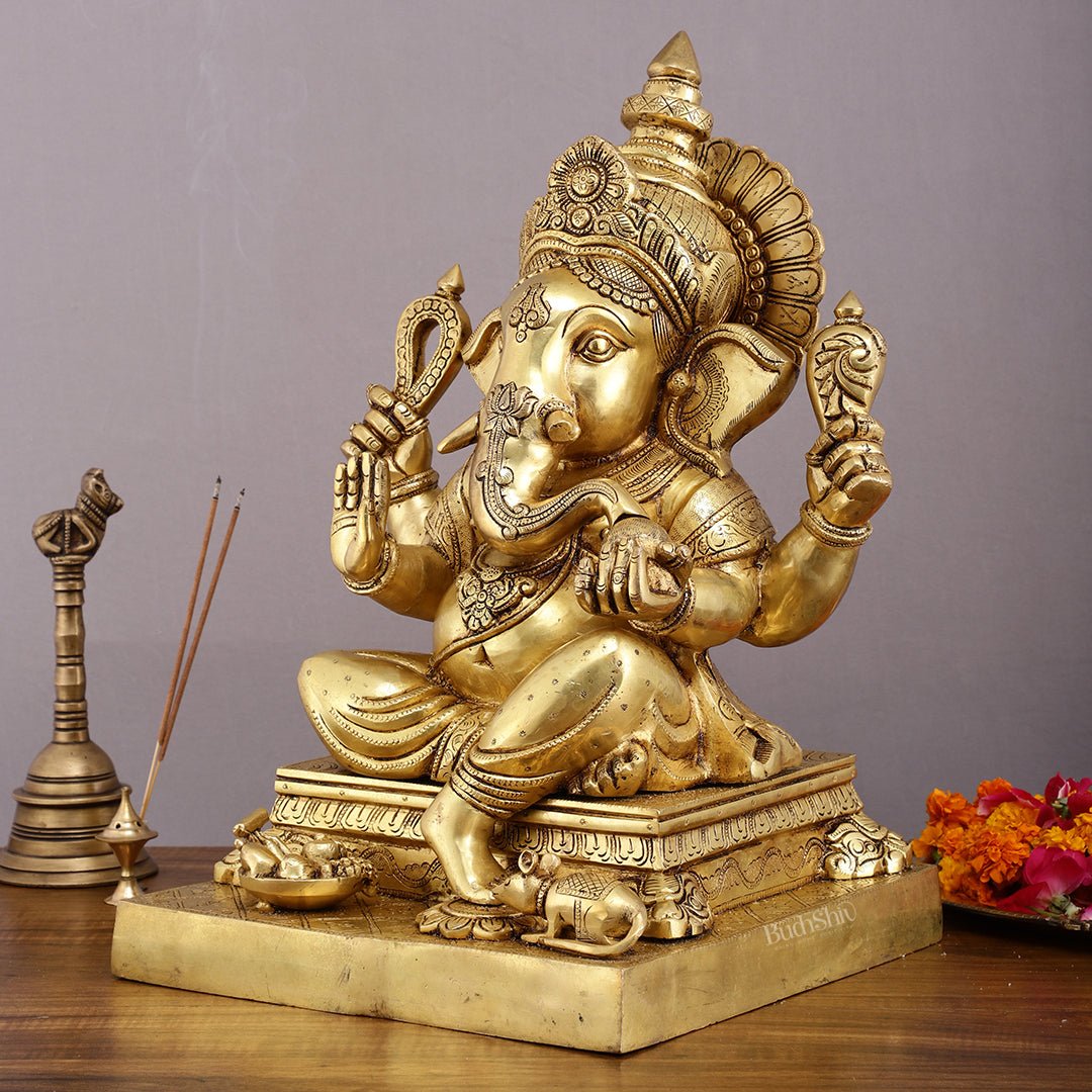 Large Brass Ganesha Statue with Mooshak - 18" Grand Idol – Budhshiv.com