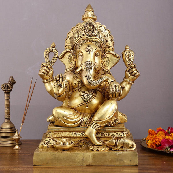 Large Brass Ganesha Statue with Mooshak - 18" Grand Idol – Budhshiv.com