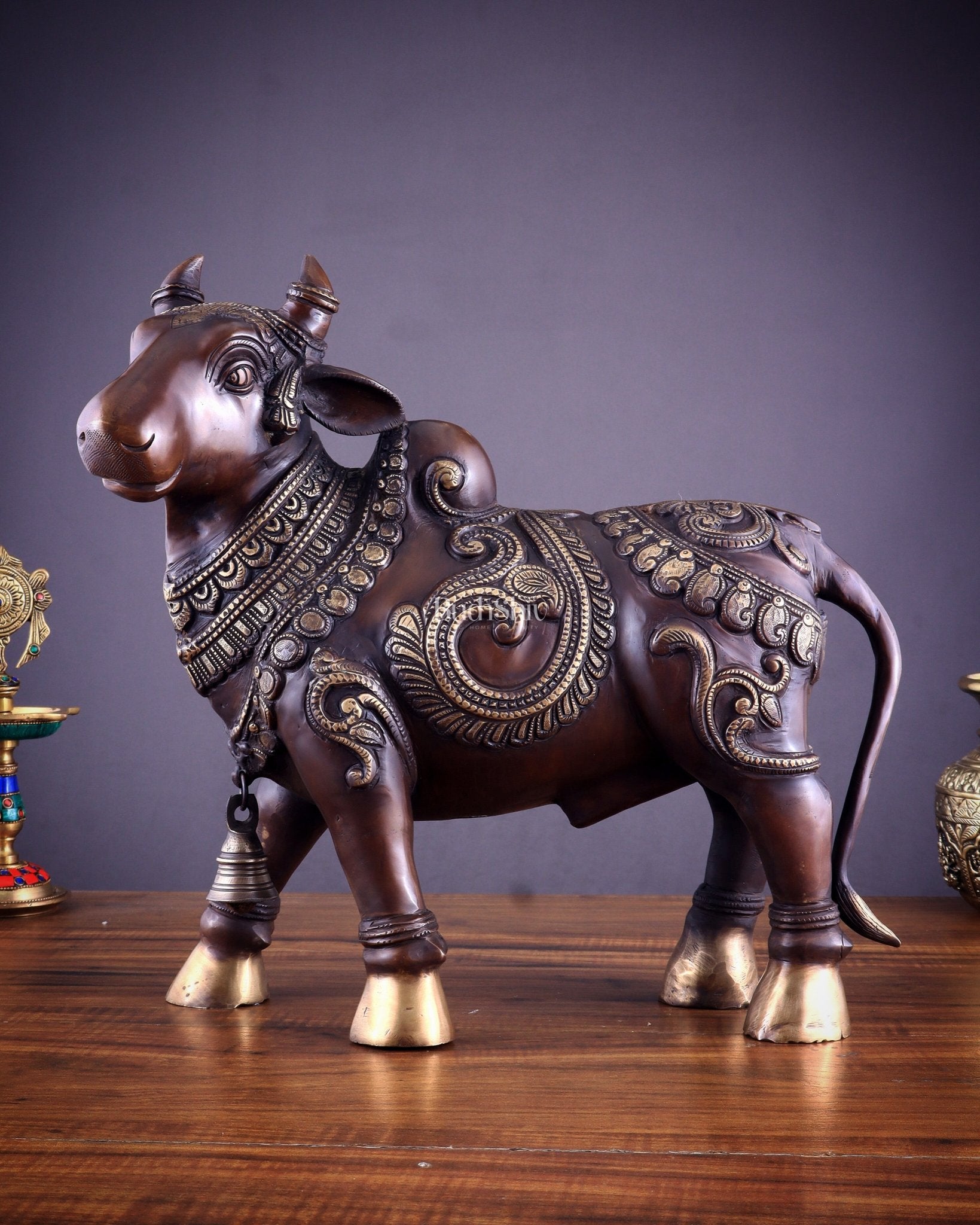 Buy Pure Brass Large Standing Nandi Fully Engraved Sculpture 14" copper ...