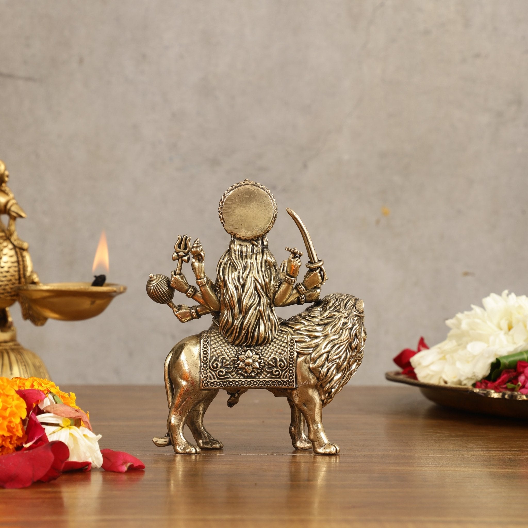 Buy Pure Brass Superfine Durga on Lion Idol - 5 inch - Budhshiv.com