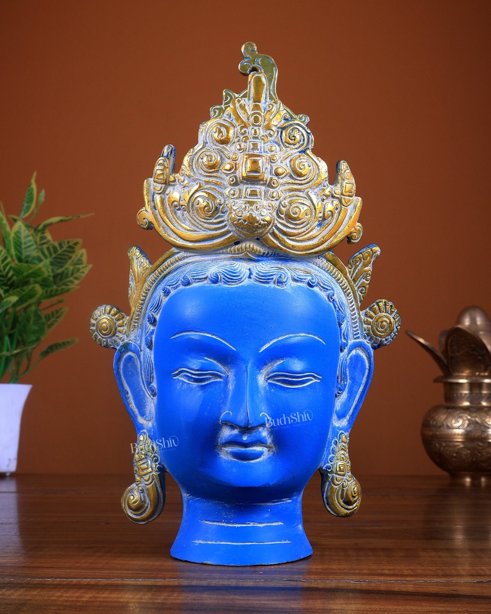 Budhshiv.com Pure Brass Tara Face Bust Statue – Vintage Blue 12"