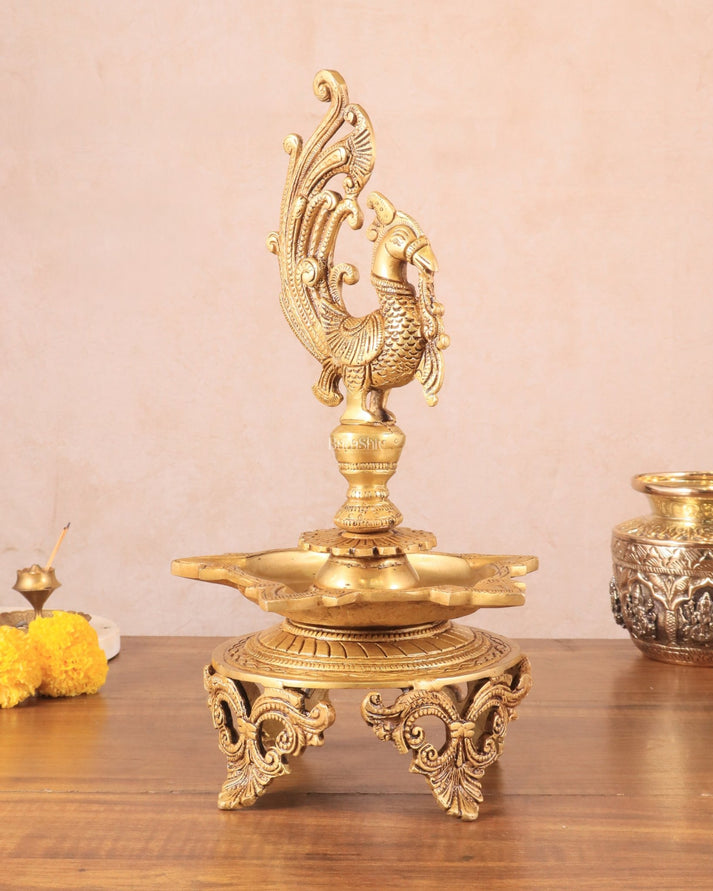 Buy Pure Brass Unique Peacock Annam Pakshi Oil Lamp - 13.5" - Budhshiv.com