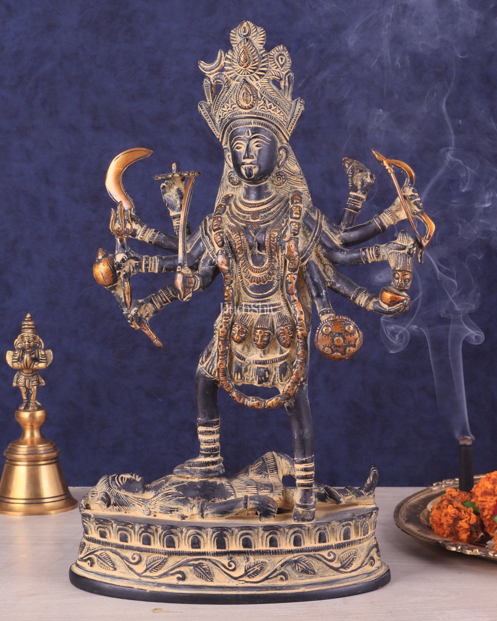 Buy Pure Brass Vintage Goddess Kali Dashbhuja Idol | 10.5" - Budhshiv.com